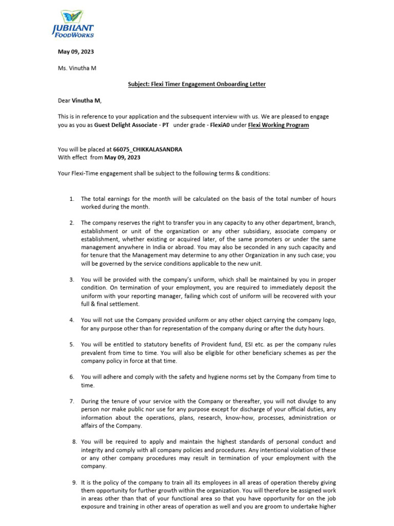 Domino's Offer Letter | PDF | Employment | Business