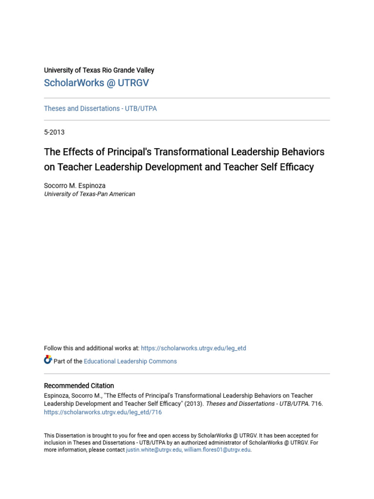 The Effects of Principals Transformational Leadership Behaviors | PDF | Leadership ...