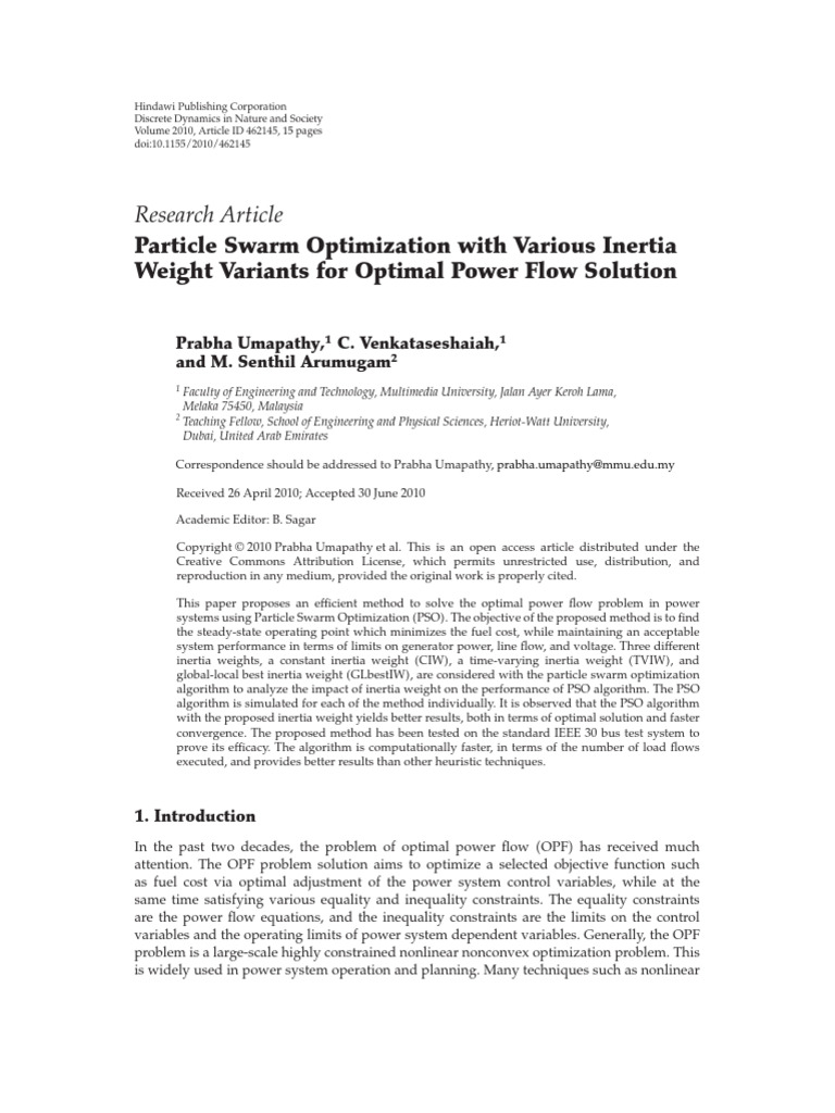 Research Article: Particle Swarm Optimization With Various Inertia Weight Variants For Optimal ...