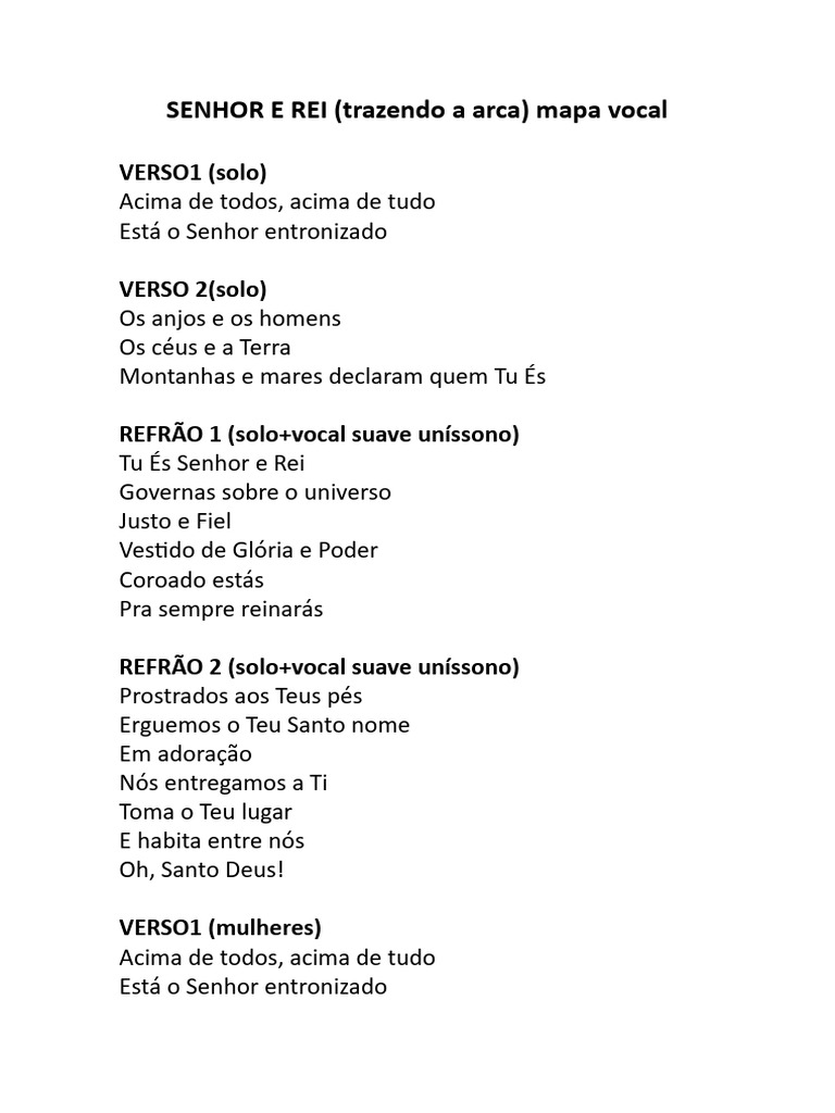 SENHOR E REI (Mapa Vocal) Trazendo A Arca | PDF