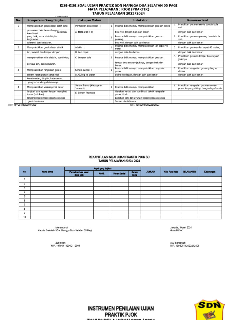 Ujian Praktek PJOK 2023 2024 Kelas 6 | PDF