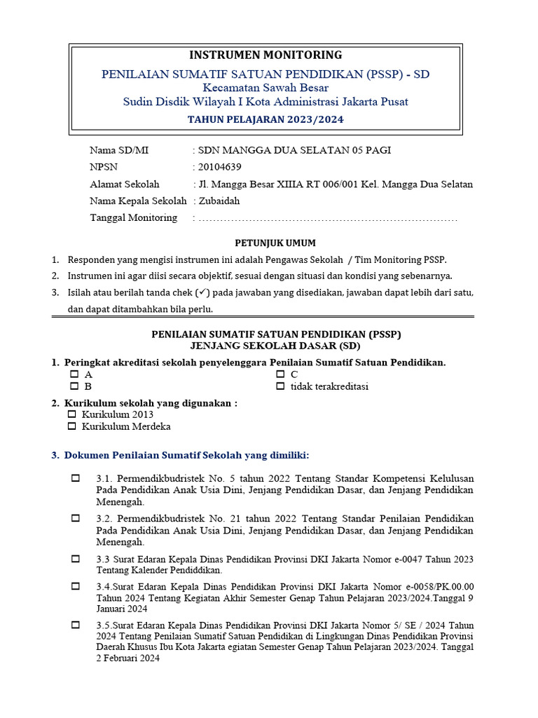 Instrumen Monitoring - Pssp-2024-Sawah Besar-Ok | PDF