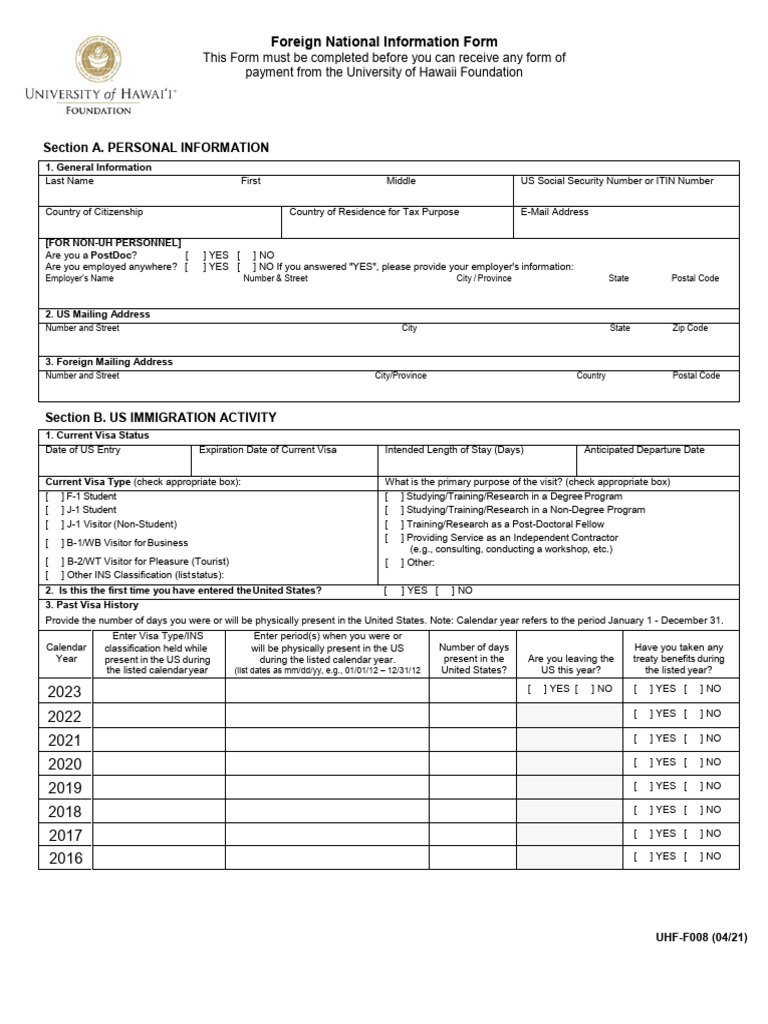2023 F008 Foreign National Form | PDF | Taxes | Government Finances