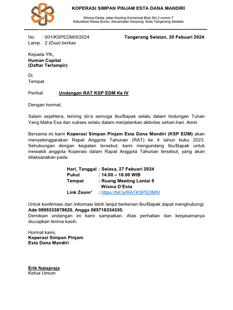 Surat Undangan dan Susunan Acara RAT KSP EDM | PDF
