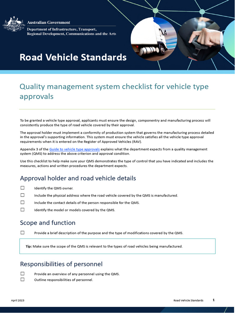 Quality Management System Checklist For Vehicle Type Approvals | PDF ...