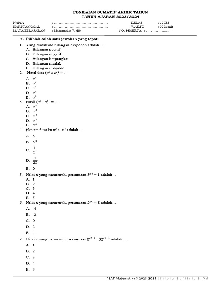 PSAT MAT WAJIB_KELAS X_PAKET 25 | PDF