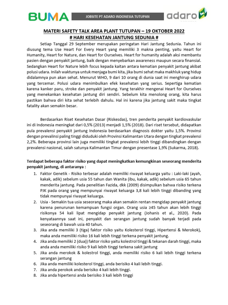 Materi Safety Talk 191022 - Hari Kesehatan Jantung Sedunia | PDF
