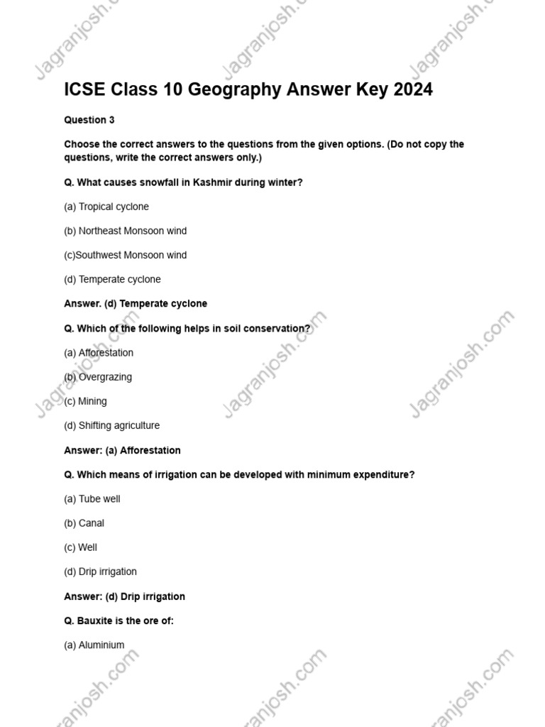 Icse Class 10 Geography Answer Key 2024 | PDF
