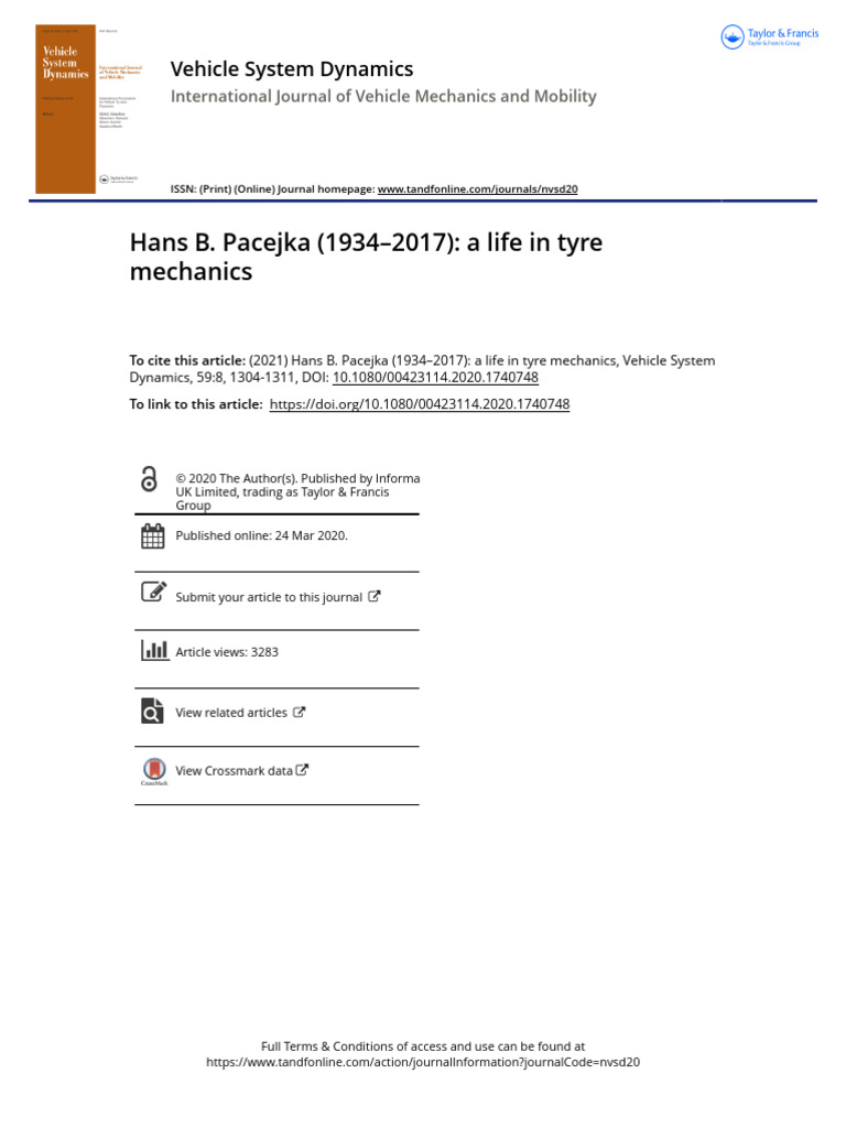 Hans B. Pacejka 1934 2017 A Life in Tyre Mechanics | PDF | Tire | Vehicles