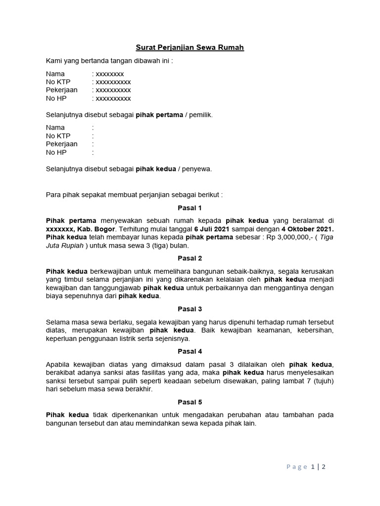 Surat Perjanjian Sewa Rumah | PDF