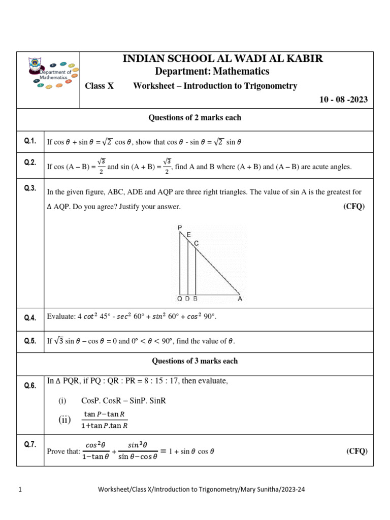 6572304-X WS Introduction To Trigonometry DTQ M.sunitha 2023-24 | PDF | Trigonometry | Geometry
