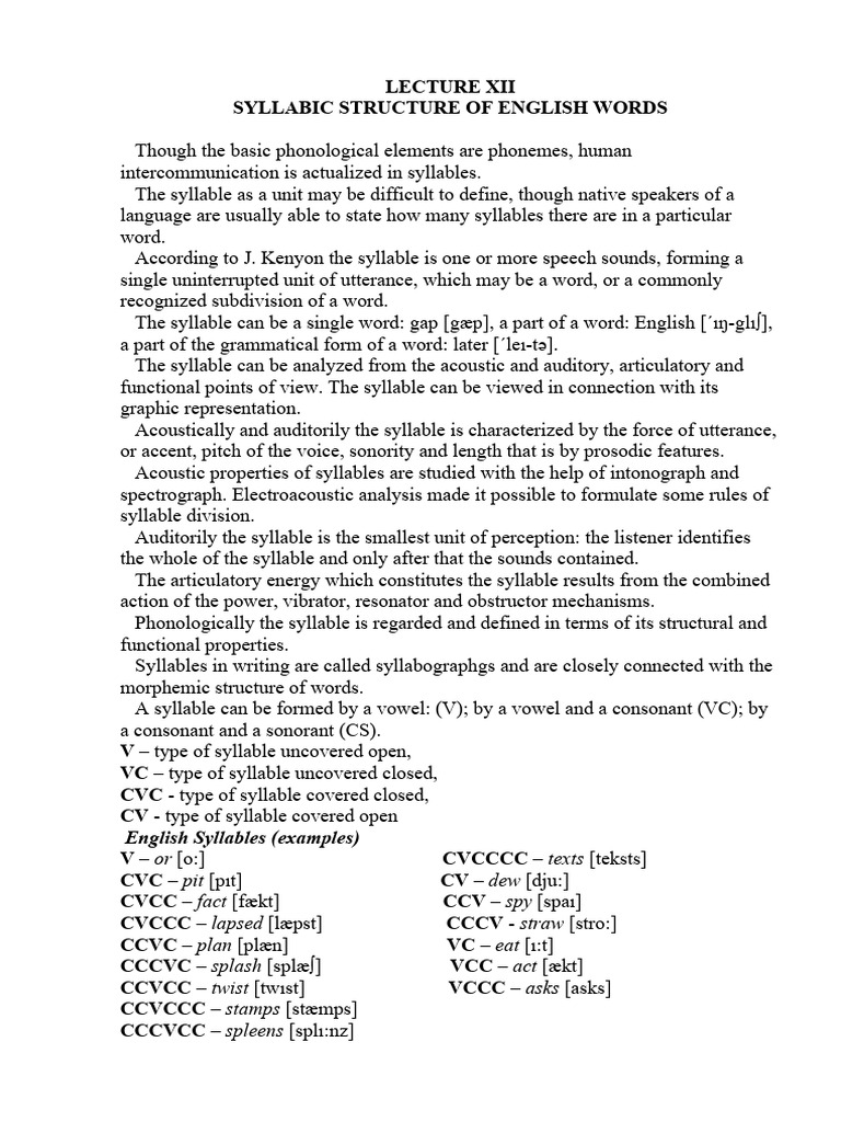 Lecture XII-3 | PDF | Syllable | Consonant