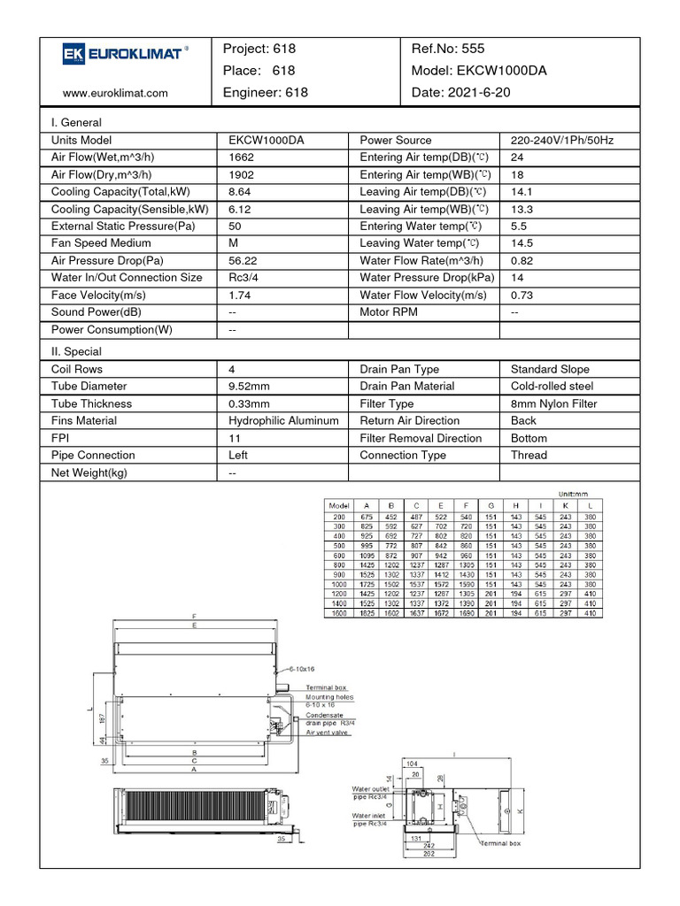 Project: 618 Place: 618 Engineer: 618 Ref - No: 555 Model: EKCW1000DA ...