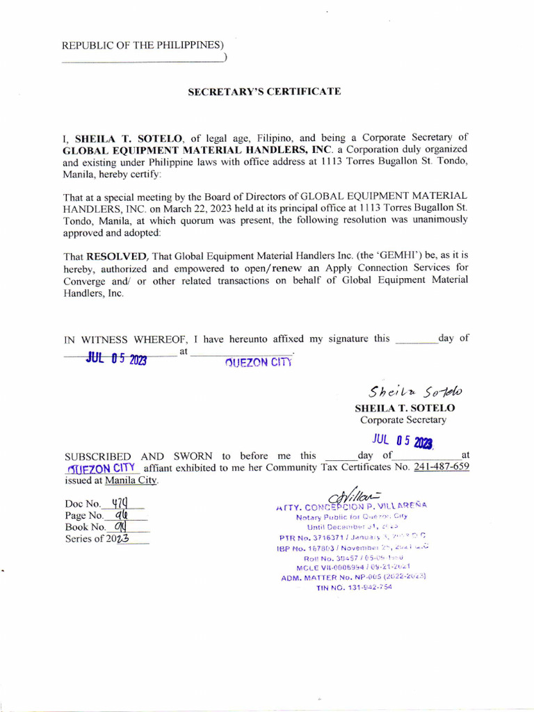 Secretary Certificate | PDF