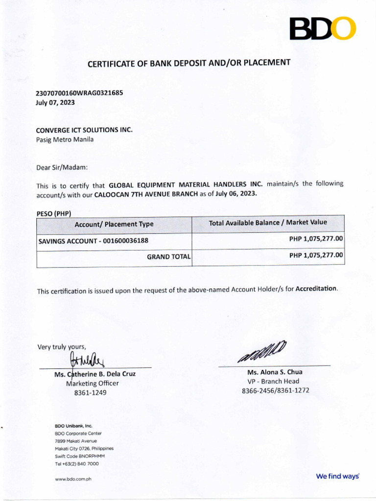 Bank Certificate COnv 071023 | PDF