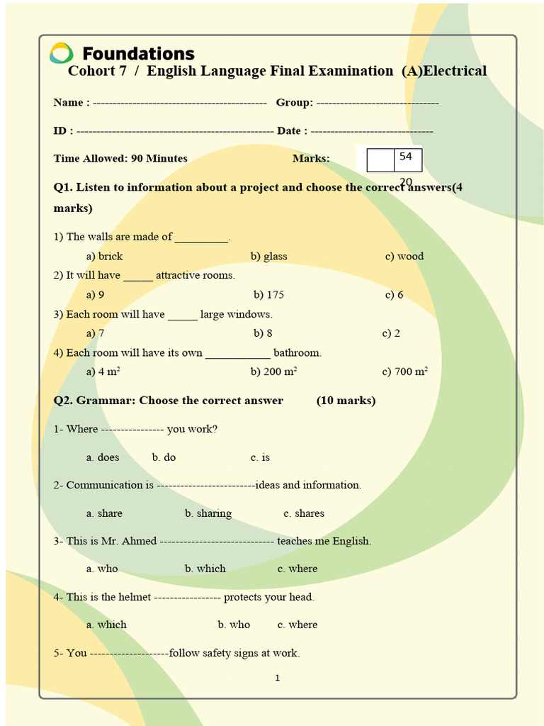 C7 Final English Language Examination Electrical A | PDF | Hazards | Communication