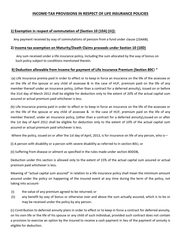 Income-Tax Provisions in Respect of Life Insurance Policies | PDF ...