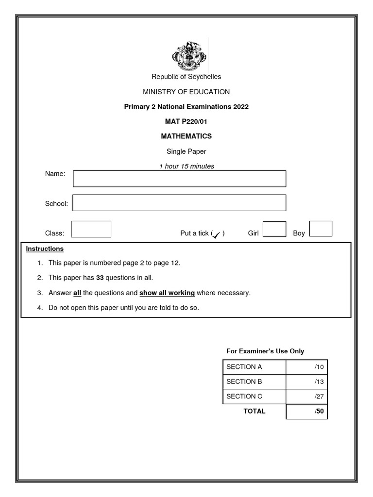 Primary 2 Math Exam Paper 2022 | PDF | Mathematics | Euclidean Geometry