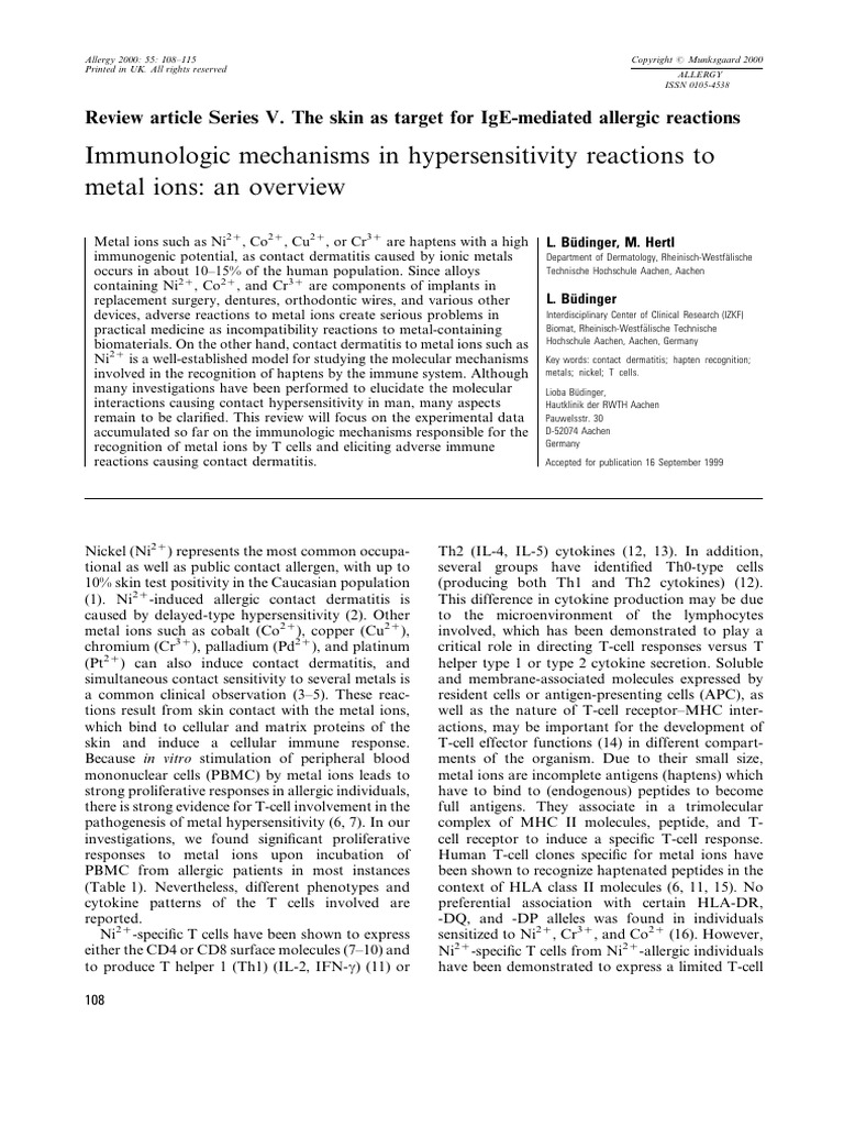 Immunologic Mechanisms in Hypersensitivity Reactions To Metal Ions: An ...