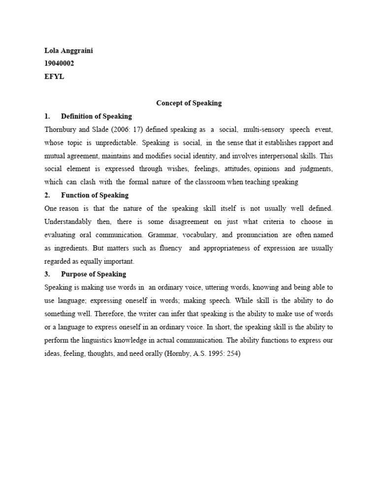 Concept of Speaking EFYL. Lola Anggraini 19040002 | PDF