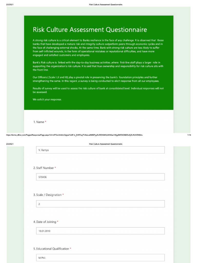 Risk Culture Assessment Questionnaire | PDF