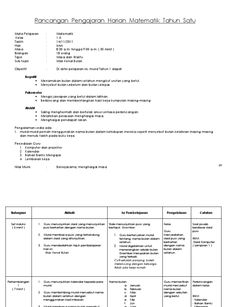 Rancangan Pengajaran Harian (Matematik) | PDF