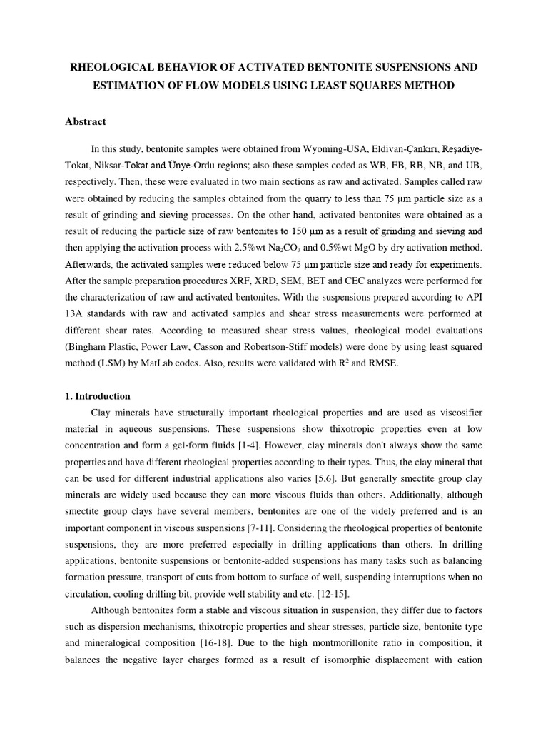 Rheological Behavior of Activated Bentonite Suspensions and Estimation ...