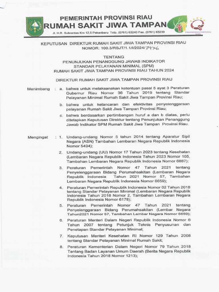 Penunjukan Penanggung Jawab Indikator Standar Pelayanan Minimal (SPM) RSJ Tahun 2024 | PDF