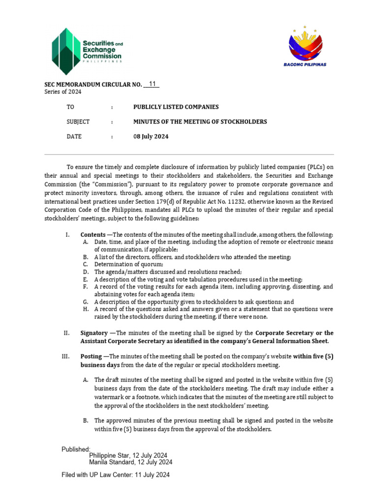 SEC Guidelines for Stockholder Meeting Minutes | PDF | U.S. Securities ...