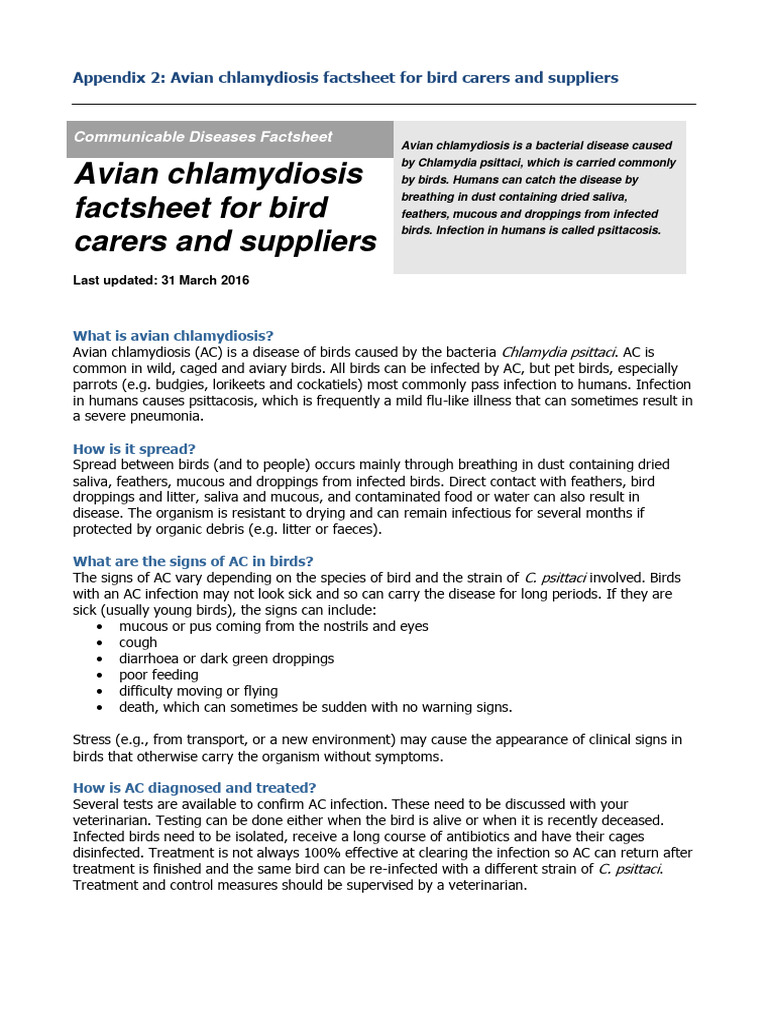 Avian Chlamydiosis Guide for Bird Carers | PDF | Medicine | Medical ...