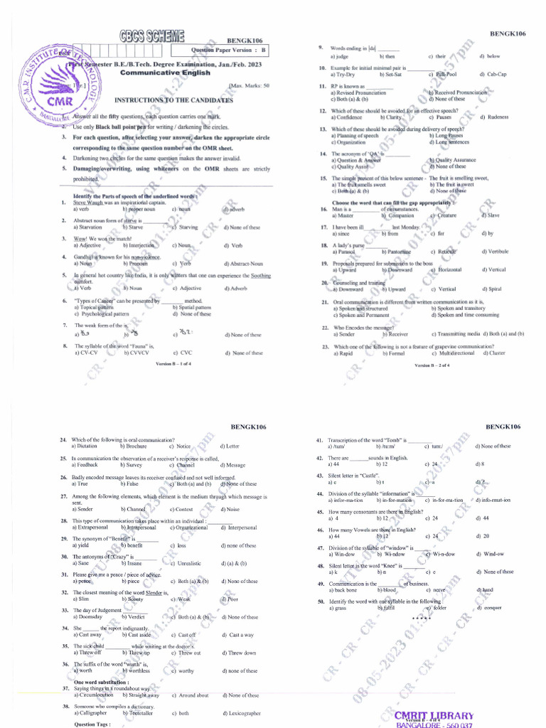 VTU Question Paper of BENGK106 Communicative English Jan-Feb-2023 | PDF