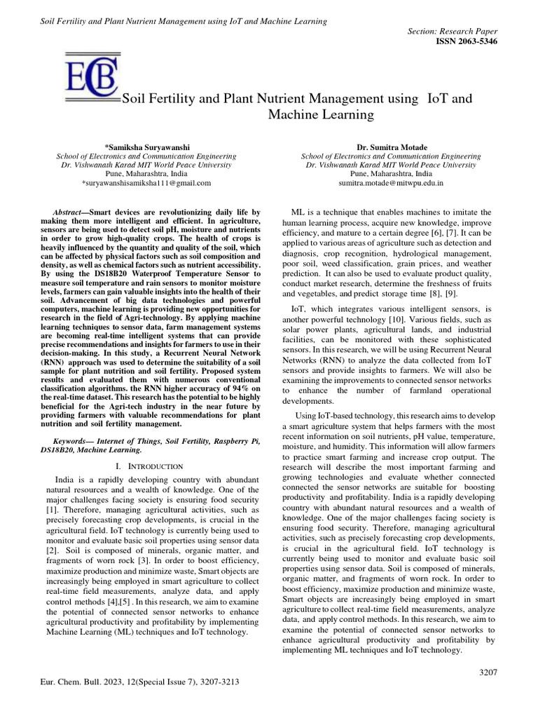 Soil Fertility and Plant Nutrient Management Using Iot and Machine Learning | PDF | Internet Of ...