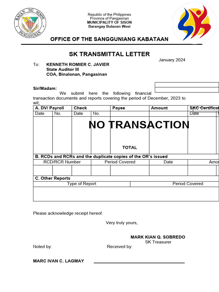 TRANSMITTAL LETTER No Transaction | PDF