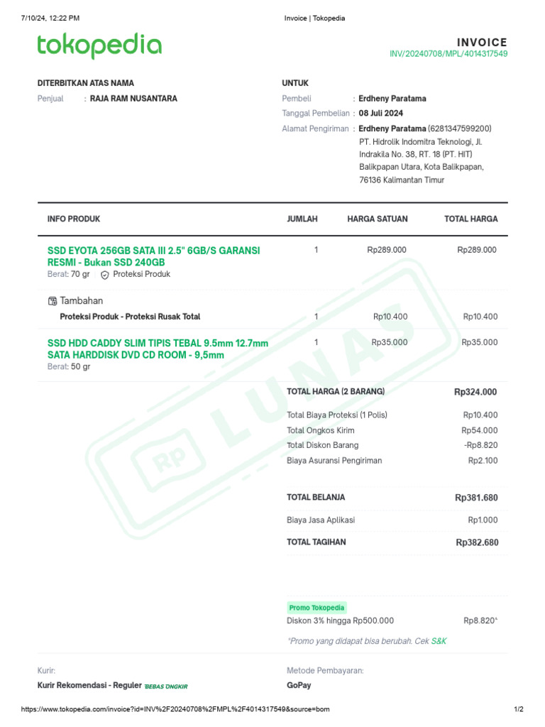 Invoice - SSD Tokopedia | PDF