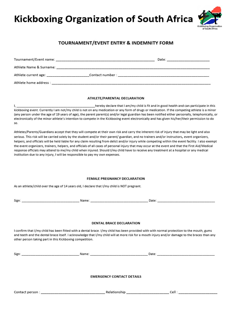 KOSA Event Entry and Indemnity Form - 240521 - 090301 | PDF ...