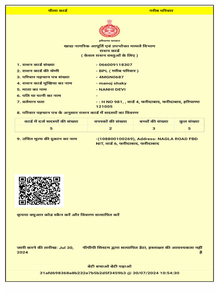 Ration Card - 066009118307 | PDF