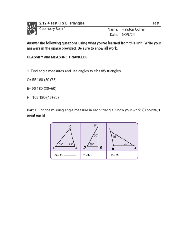 2.12.4 Test (TST) - Triangles (Test) | PDF | Triangle | Mathematics