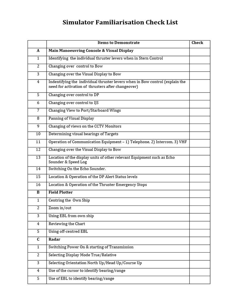Simulator Familiarisation Checklist | PDF