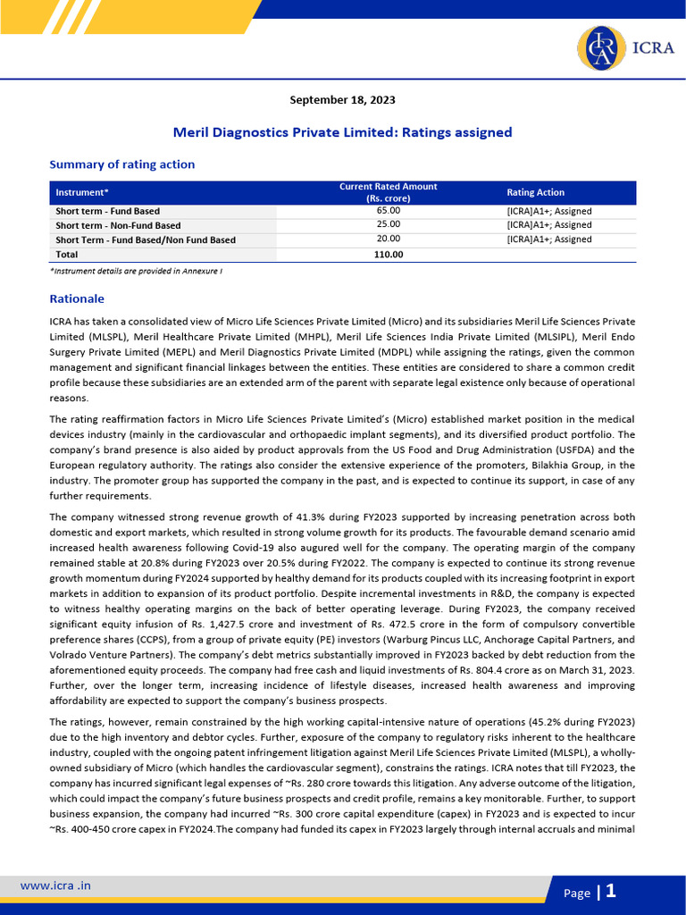 Meril Diagnostics Ratings Overview | PDF | Debt | Investing