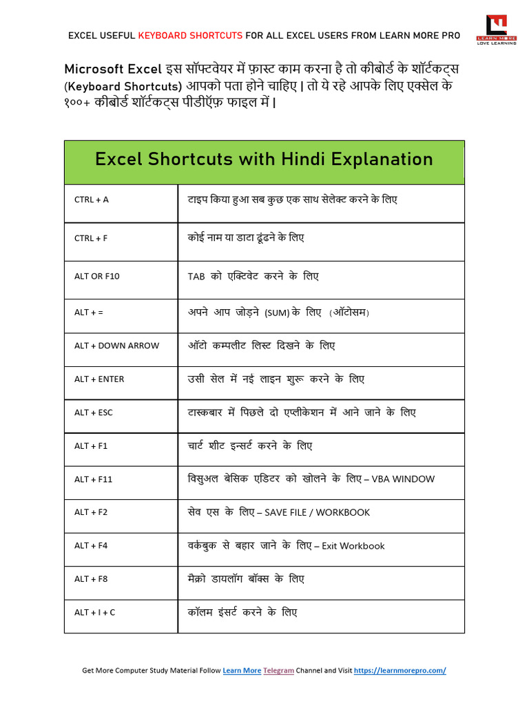 HINDI - Excel Useful 100 + Keyboards Shortcuts | PDF