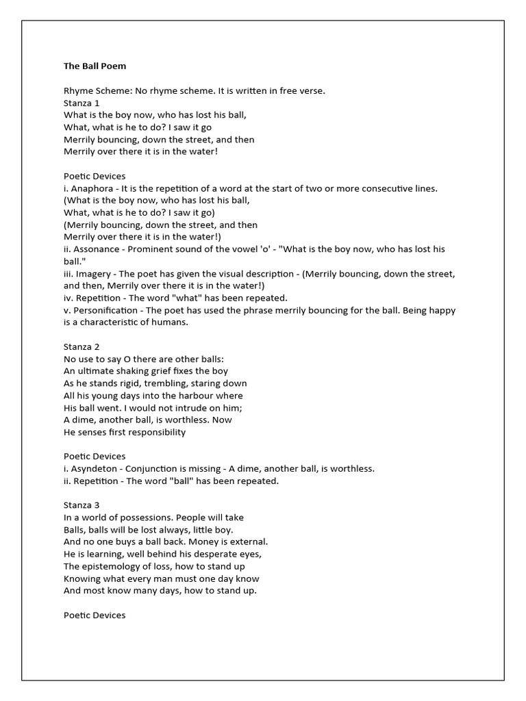 Poetic Devices in "The Ball Poem" | PDF | Language Arts & Discipline | Art
