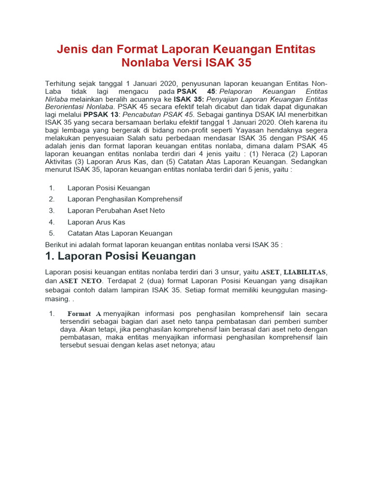Jenis Dan Format Laporan Keuangan Entitas Nonlaba Versi ISAK 35 | PDF ...