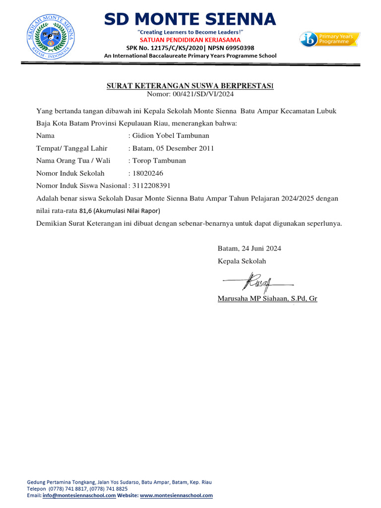 Surat Keterangan Nilai Siswa Monte Sienna | PDF