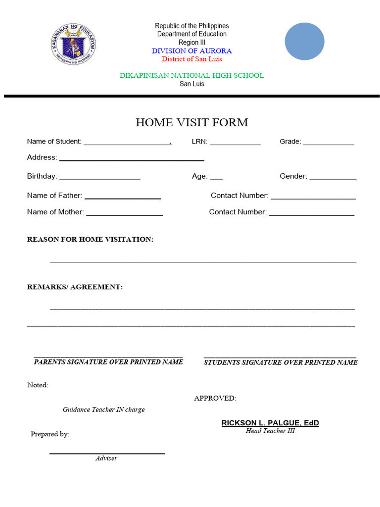 Home Visit Form for Student Assessment | PDF