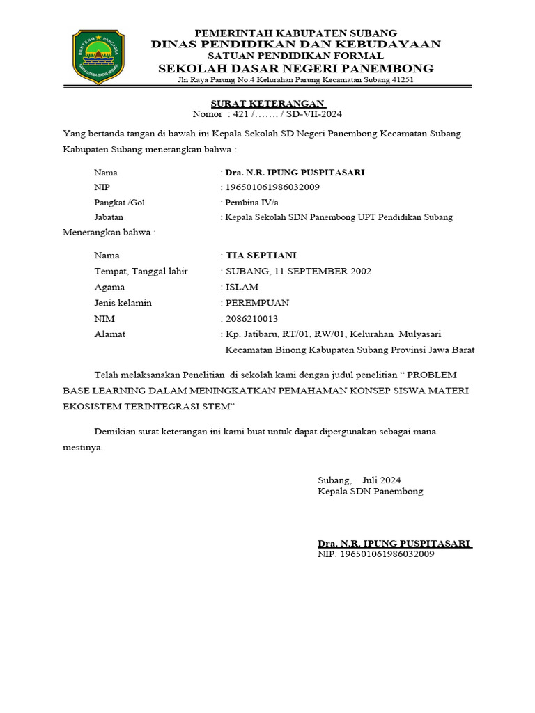 Surat Keterangan Penelitian Tia Septiani | PDF