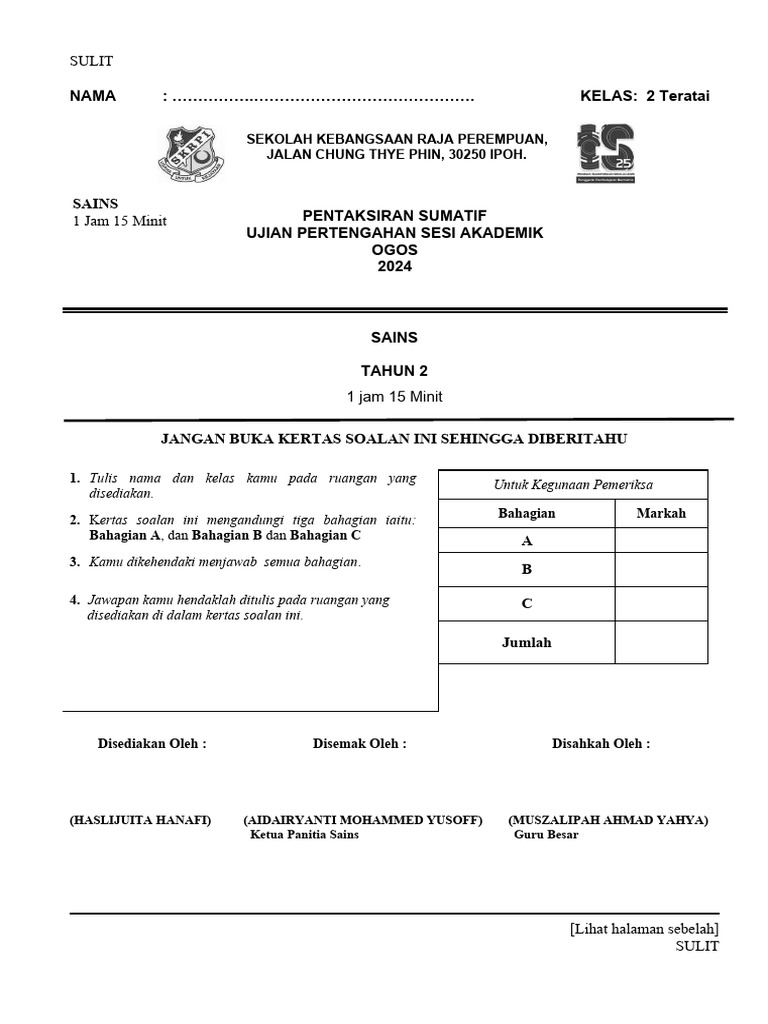 Cover Ujian Pertengahan Sesi Akademik Tahap Satu 2024 | PDF