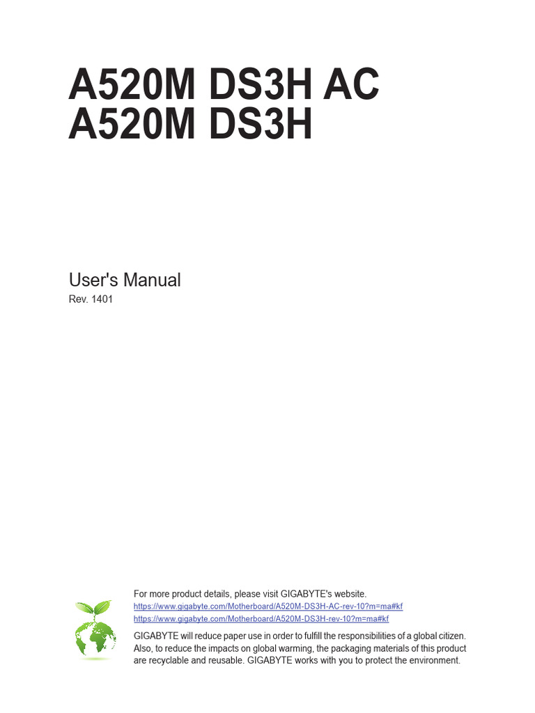 MB Manual A520m-Ds3h-Ac e 1401 | PDF | Hdmi | Usb