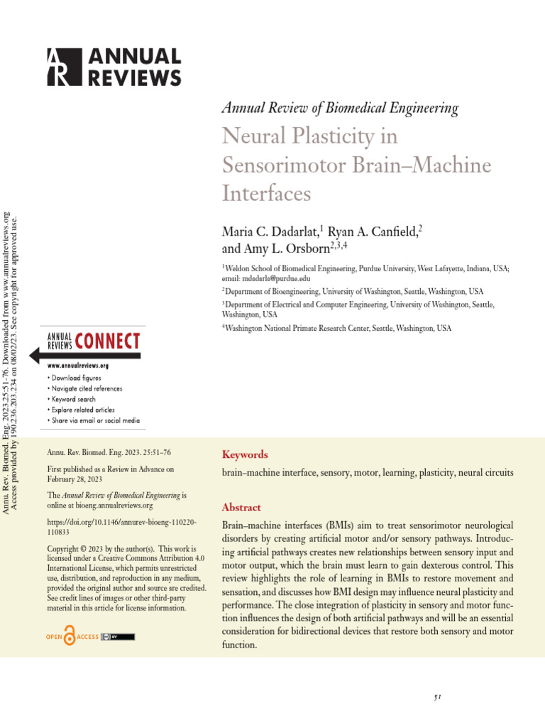 Annurev-Bioeng-110220-110833 Neural Plasticity in Sensorimotor Brain-Machine Interfaces | PDF ...