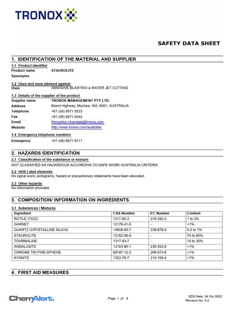 STAUROLITE by TRONOX MANAGEMENT PTY LTD | PDF | Occupational Safety And ...