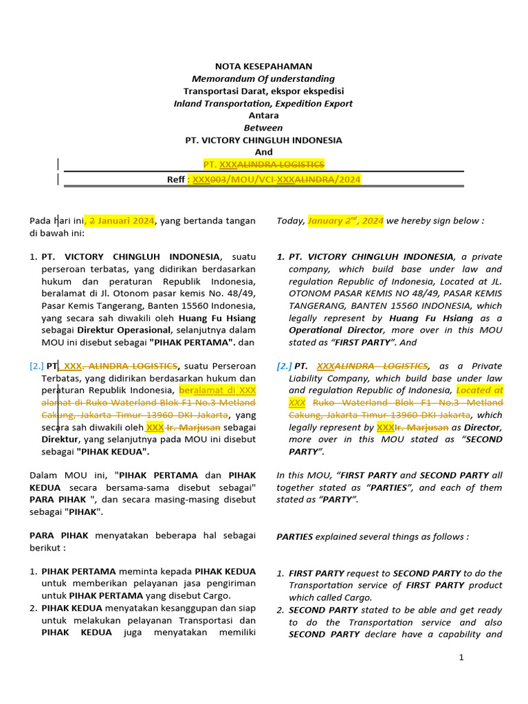 Draft Mou Trucking 2024 | PDF | Bisnis